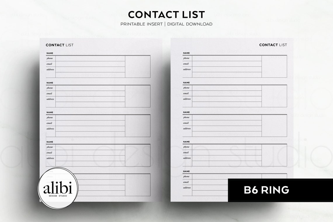 B6 Rings Contact List Planner Inserts Contact Information - Etsy