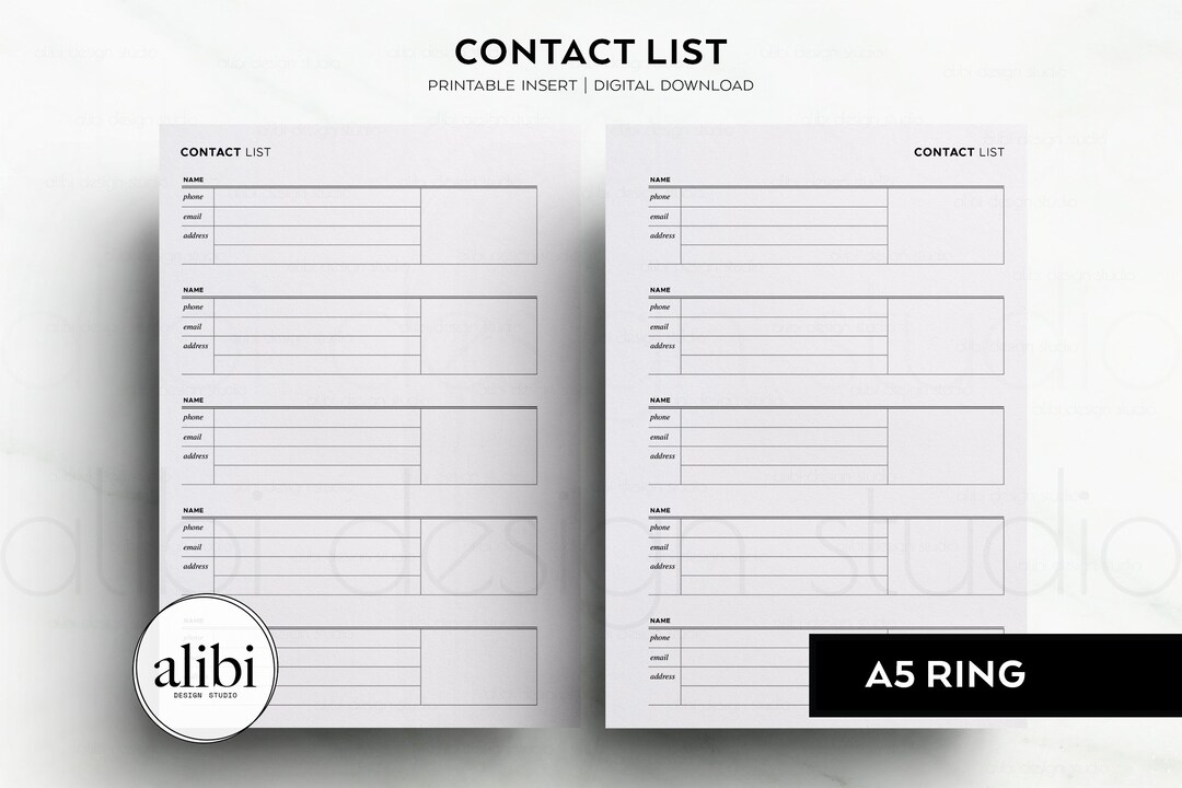 A5 Contact List Printable Contact Information Address Book A5 Printable Planner Inserts - Etsy