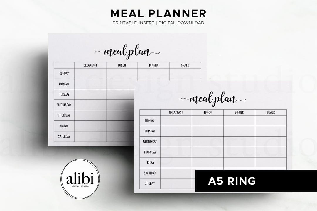 A5 Horizontal Weekly Meal Planner Menu Planning Printable Insert Food ...