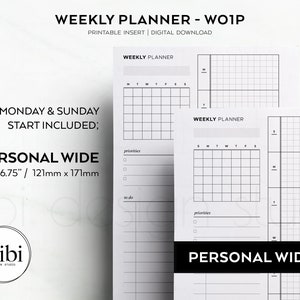 Personal WIDE Weekly Planner Week on 1 Page Monthly Calendar Week at a ...