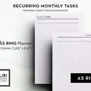 A5, Recurring Tasks, Yearly Overview Printable Planner Inserts Annual ...