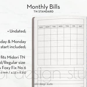 Standard TN Monthly Planner Month on 2 Pages Bill Tracker - Etsy