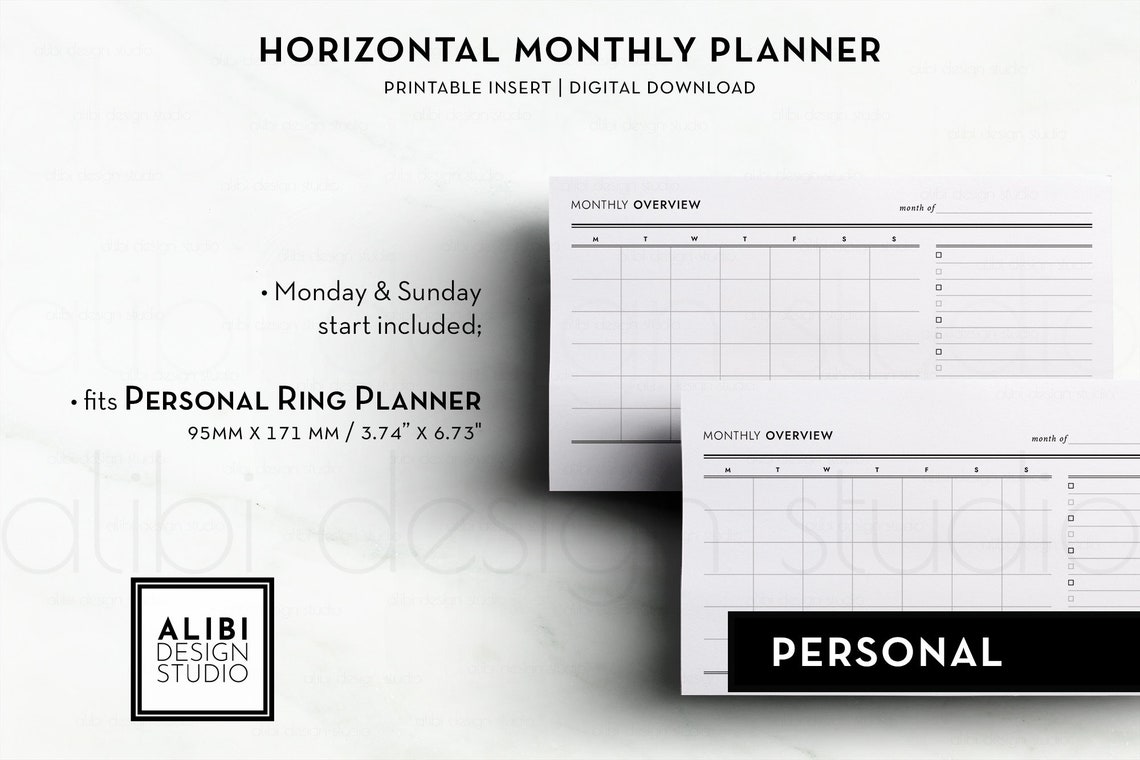 Personal Horizontal Monthly Planner Month at a Glance | Etsy