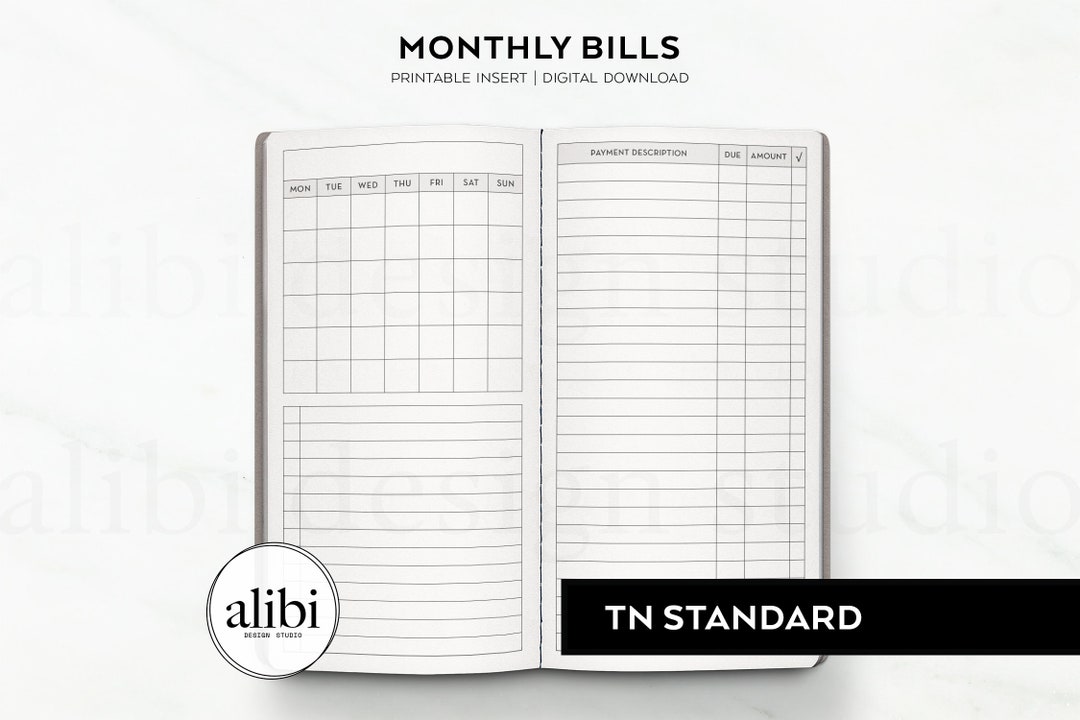 Standard TN Monthly Planner Month on 2 Pages Bill Tracker Finance ...