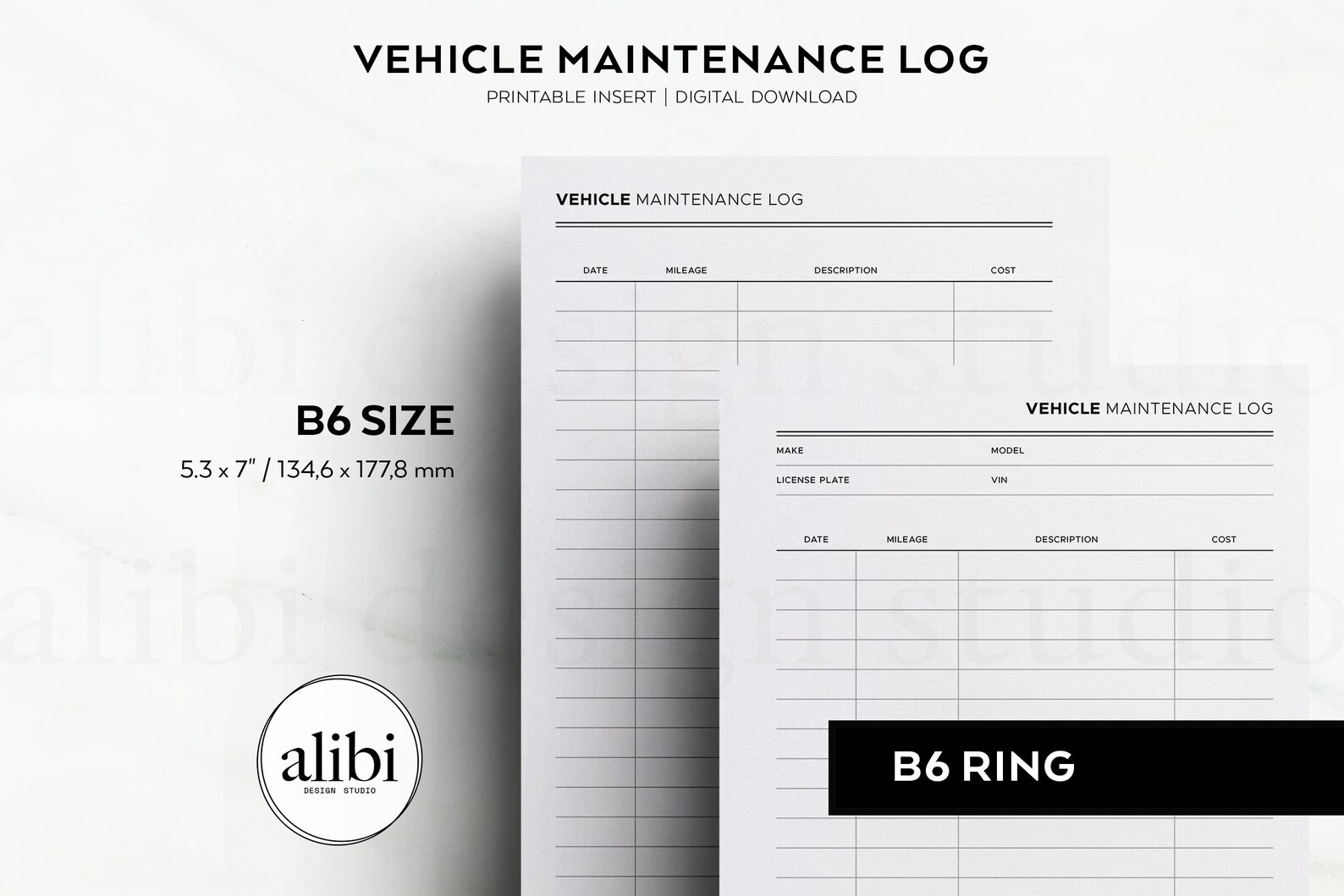 B6 Rings Printable Vehicle Maintenance Log B6 Printable Planner Inserts ...