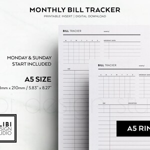 A5 Bill Tracker Monthly Planner Financial Budget Planner Finance ...