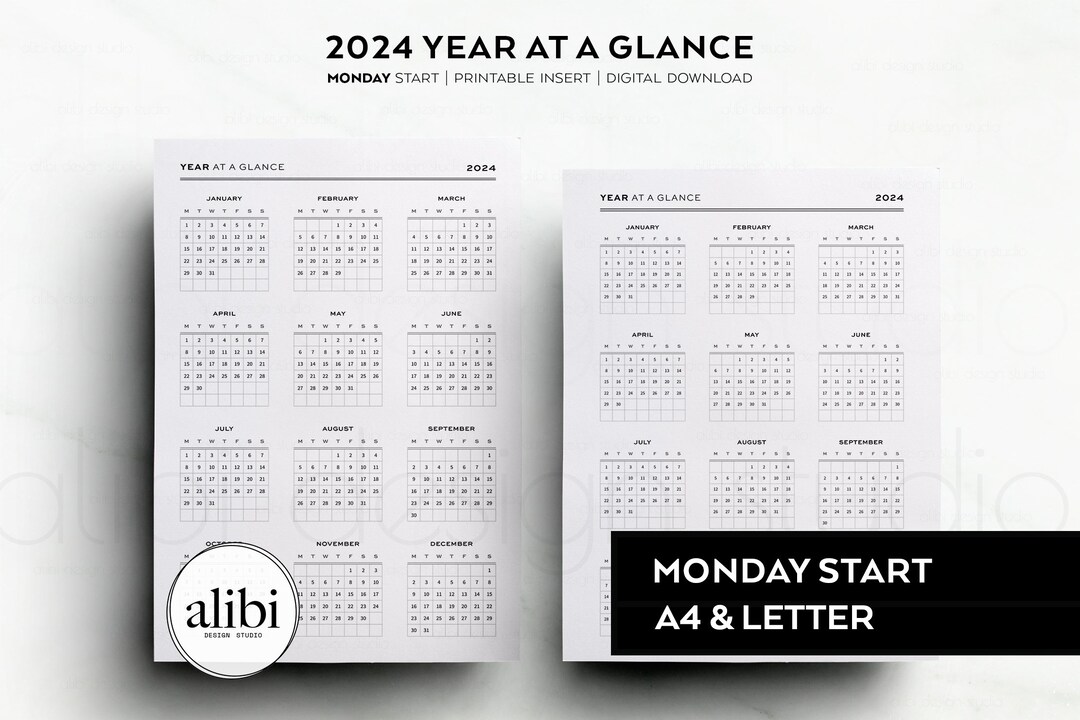 A4 and US Letter Size 2024 Year at A Glance Dashboard 2024 Calendar ...