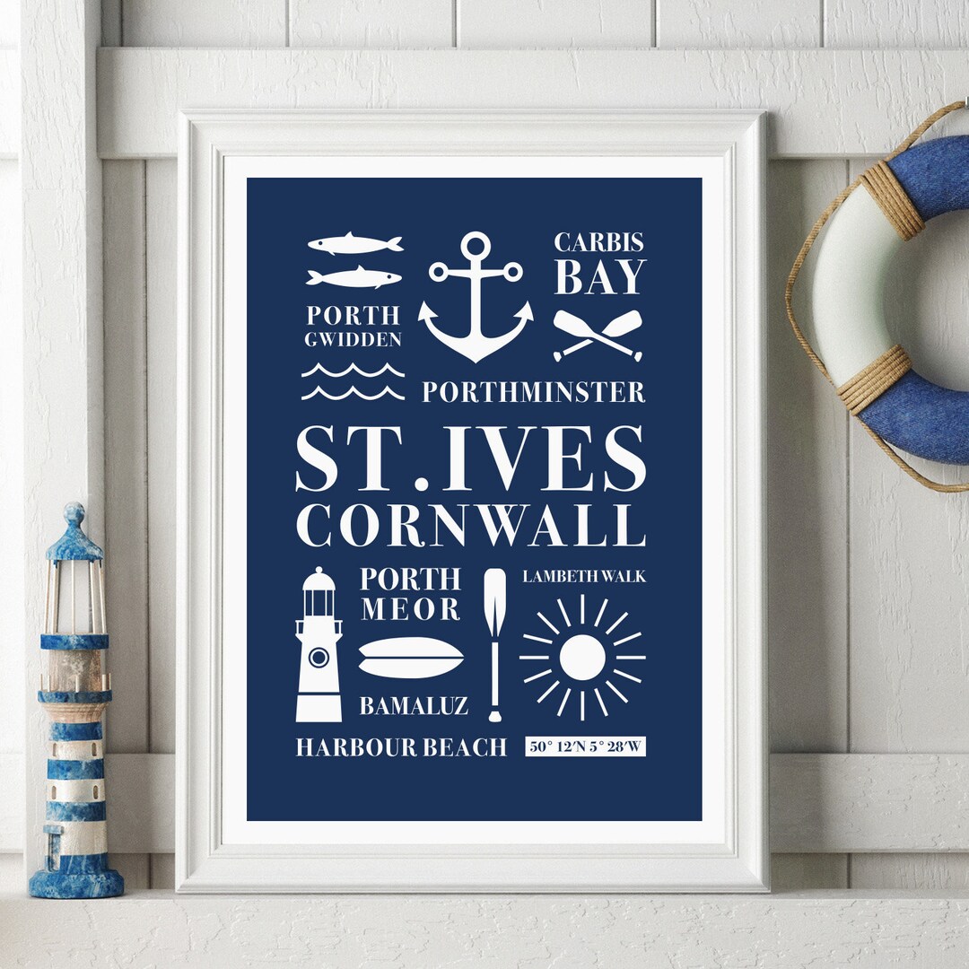 St Ives Cornwall Print, St Ives Cornwall Seaside Coastal Print Navy ...