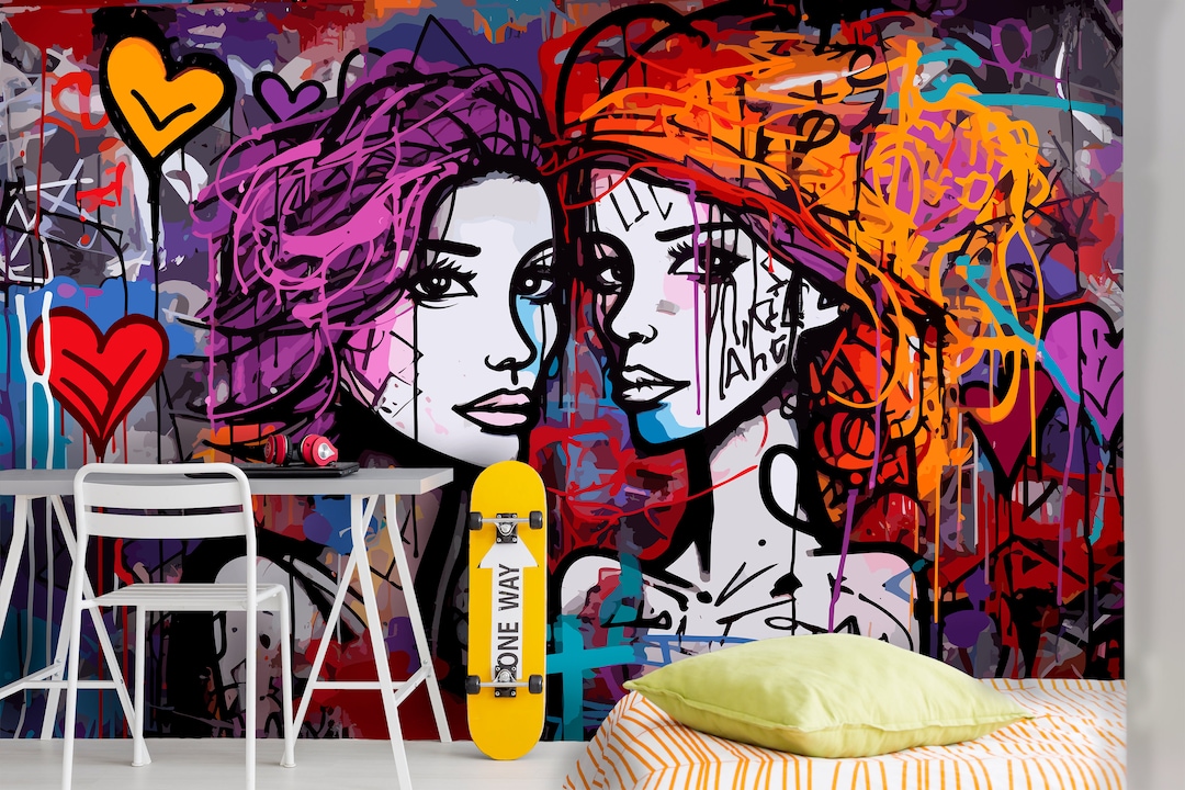 Colorful Peel and Stick Wallpaper Decoration of a Hall, Graffiti-style ...