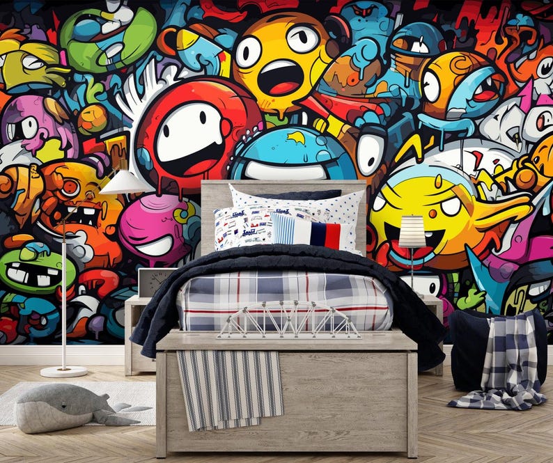 Funky Graffiti Peel and Stick Wallpaper Mural, Kids Room Decor Teen ...
