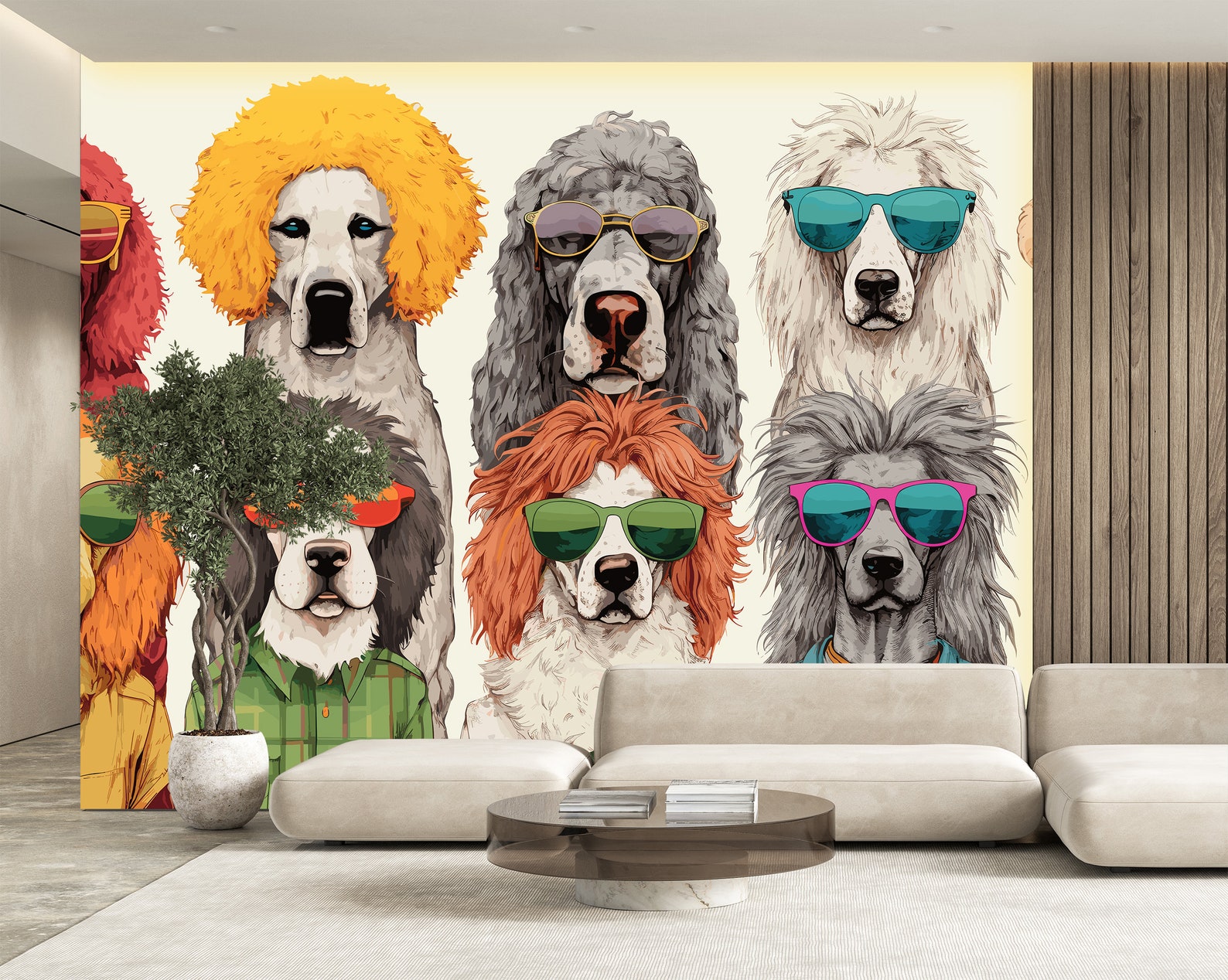Vibrant Hipster Dogs Wallpaper, 70s Hippie Mural, Peel and Stick Dog ...
