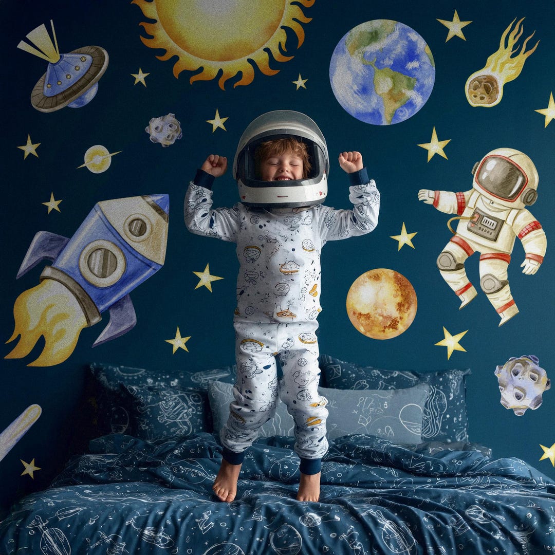Space Wall Decal Astronaut, Planets, Stars Boy Nursery Wall Decal for ...