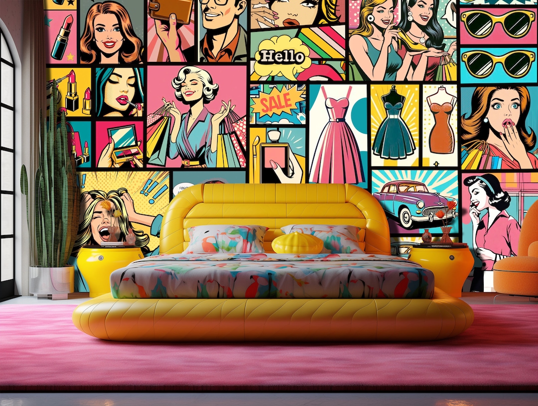 Retro Comic Book Girl Wallpaper: Kisses, Hearts, Love Art Wall Mural ...