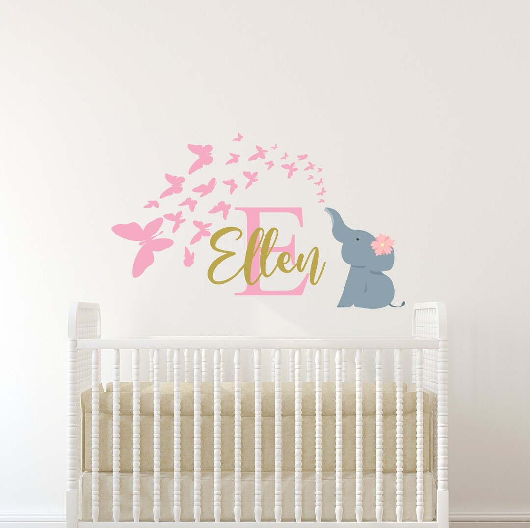Elephant Decals Nursery for Baby Girl. Elephant With Name Wall Decal ...