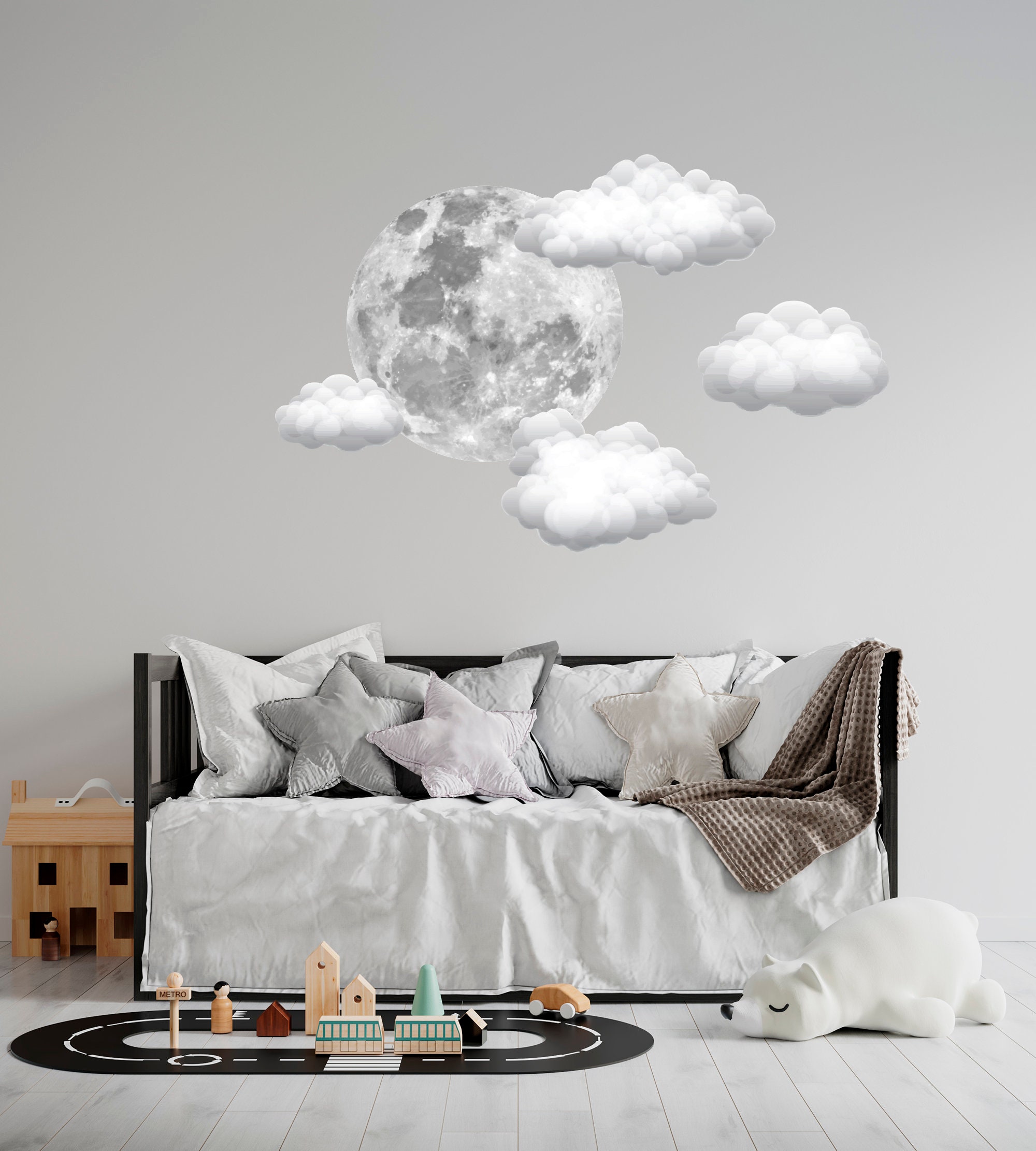 Watercolor Moon and Clouds Wall Decal. Full Moon Decal Nursery. Set of ...