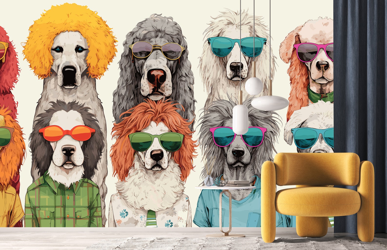 Vibrant Hipster Dogs Wallpaper, 70s Hippie Mural, Peel and Stick Dog ...