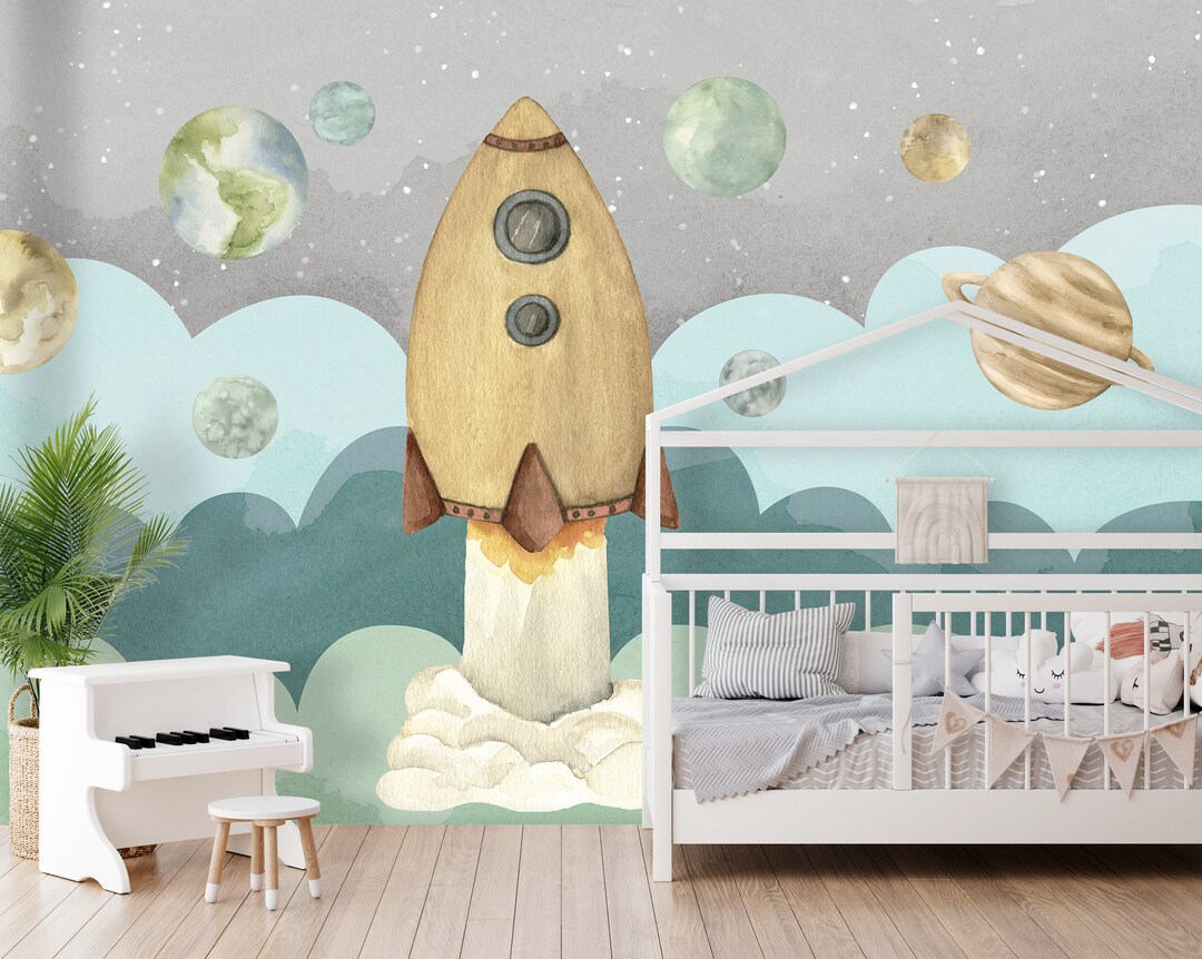 Space Wallpaper With Rocket for Kids Room, Hand-drawn Spacecraft Boy ...