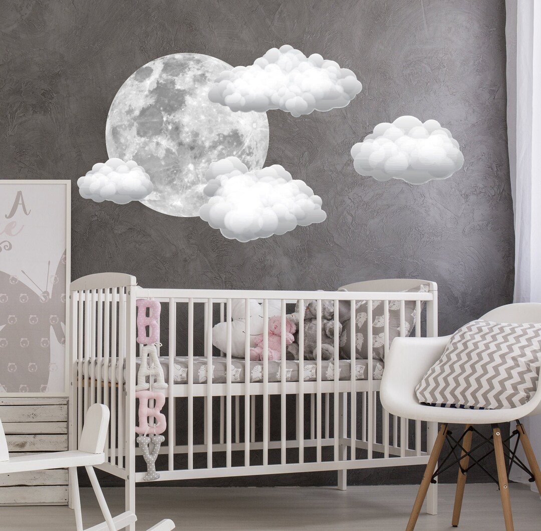 Watercolor Moon and Clouds Wall Decal. Full Moon Decal Nursery. Set of ...