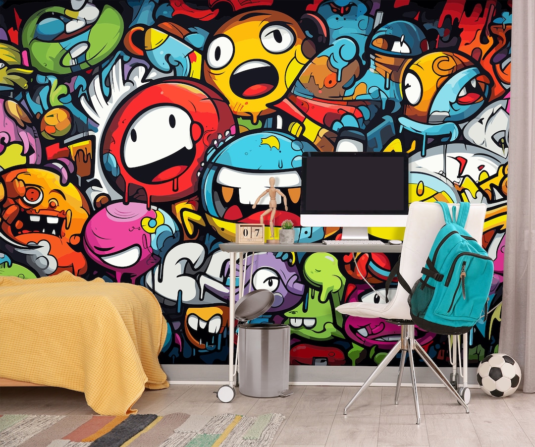 Wallpaper Colorful Fun Kids Bedroom, Cartoon Styled Custom Size Wall ...