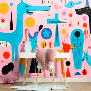 Colorful Dog Wallpaper, Contemporary Style Pink Dachshund Wall Mural ...