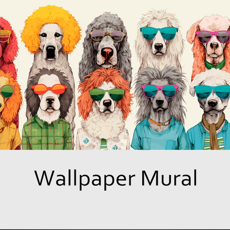 Vibrant Hipster Dogs Wallpaper, 70s Hippie Mural, Peel and Stick Dog ...