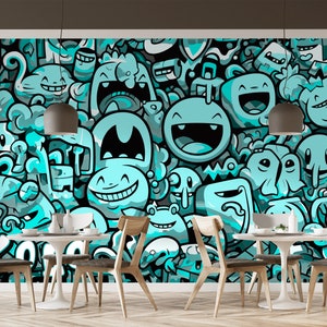 Blue Street Art Wall Mural Teenager Room, Cartoon-styled Light Blue ...