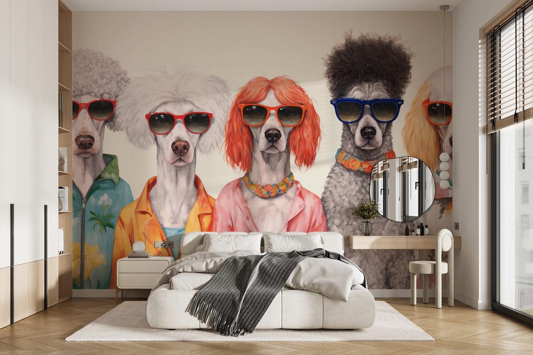 Funky Poodle Wallpaper Mural: Stylish Dogs With Shades, Peel & Stick - Etsy