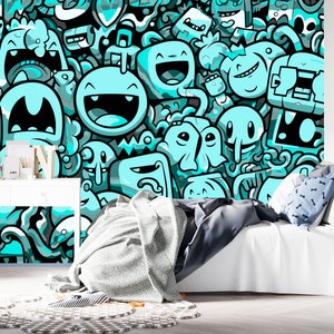 Blue Street Art Wall Mural Teenager Room, Cartoon-styled Light Blue ...