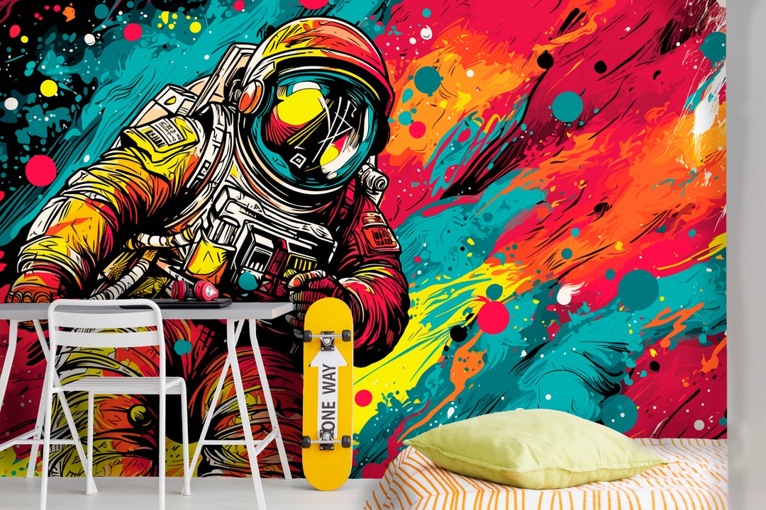 Large Astronaut Graffiti Wallpaper Peel and Stick, Space Wall Art Decor ...
