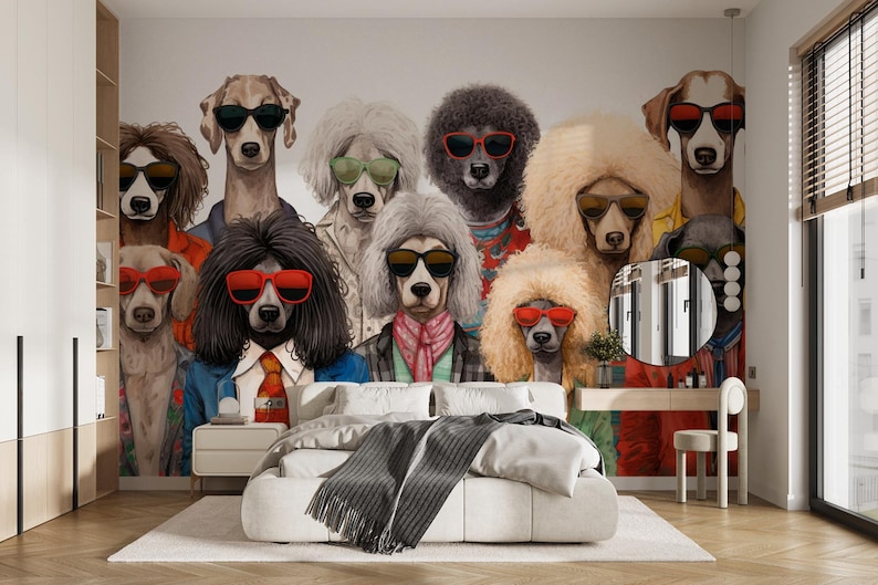 Vibrant Hipster Dogs in Red Wallpaper, 70s Hippie Pet Mural, Peel and ...