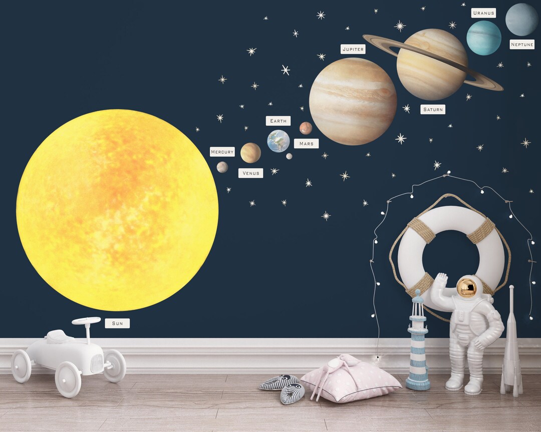 Planets Decals With Labels and a Big Sun Kids Bedroom, Outer Space Wall ...