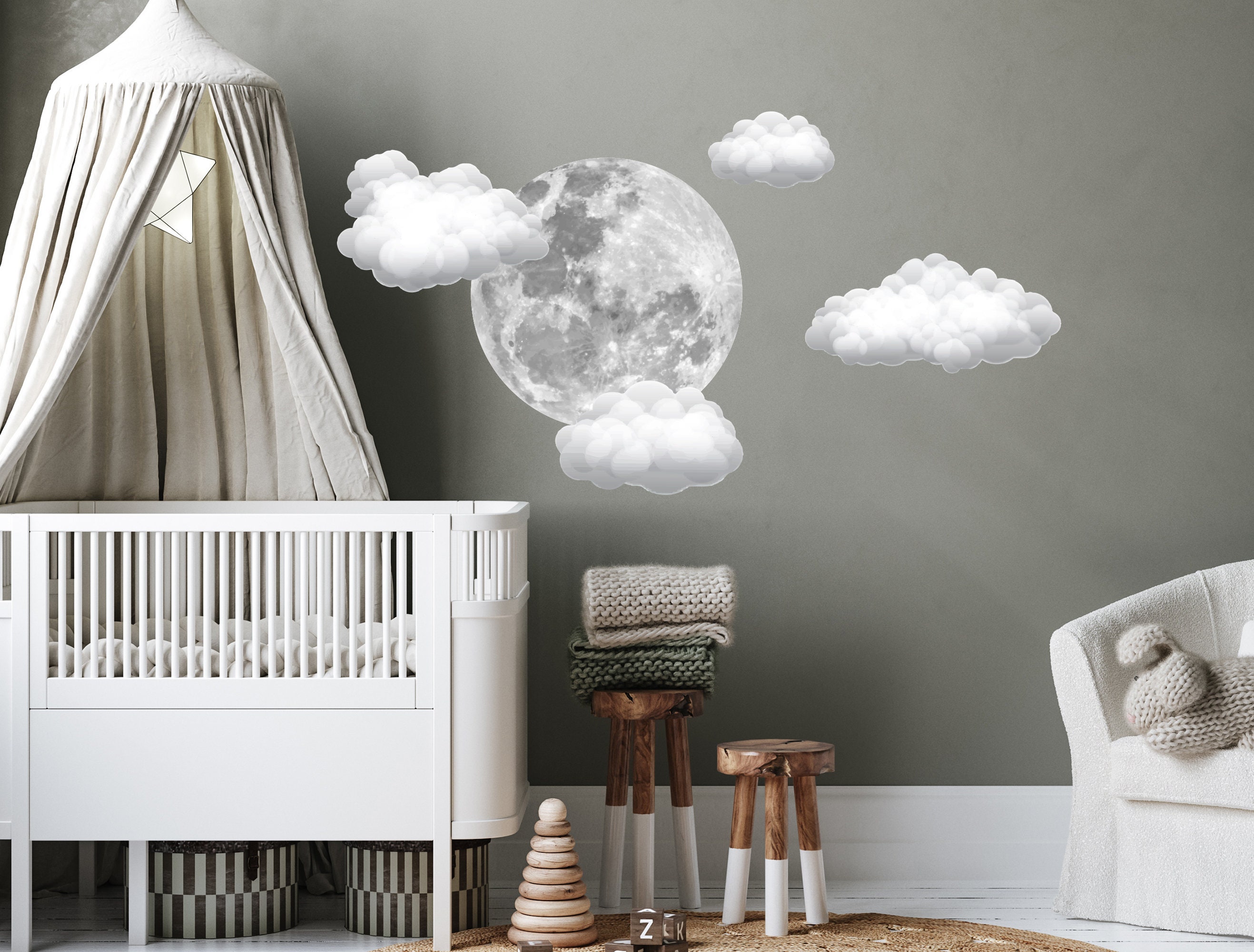 Watercolor Moon and Clouds Wall Decal. Full Moon Decal Nursery. Set of ...