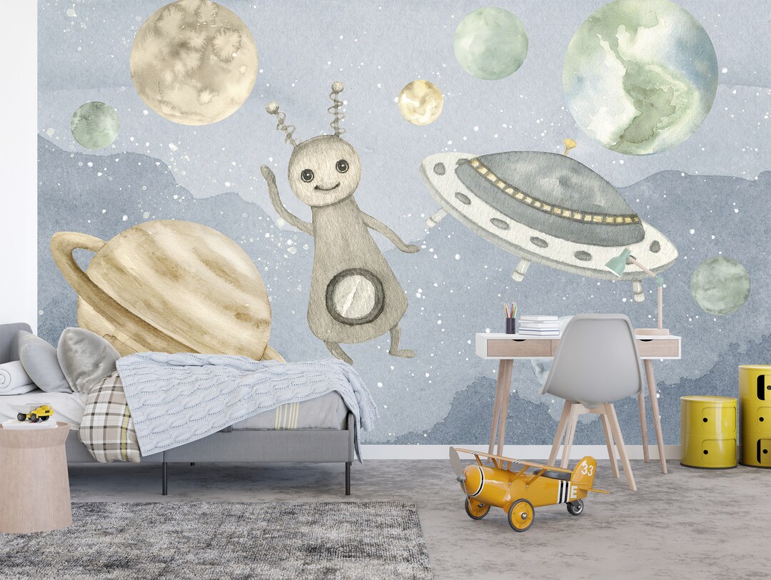 UFO Watercolor Wallpaper Boy Room, Alien and Planets Blue Gray Wall ...
