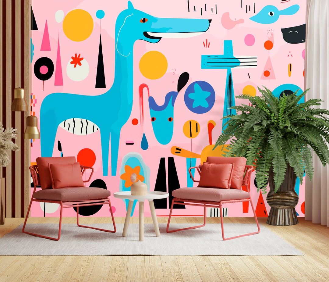 Colorful Dog Wallpaper, Contemporary Style Pink Dachshund Wall Mural ...