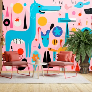 Colorful Dog Wallpaper, Contemporary Style Pink Dachshund Wall Mural ...