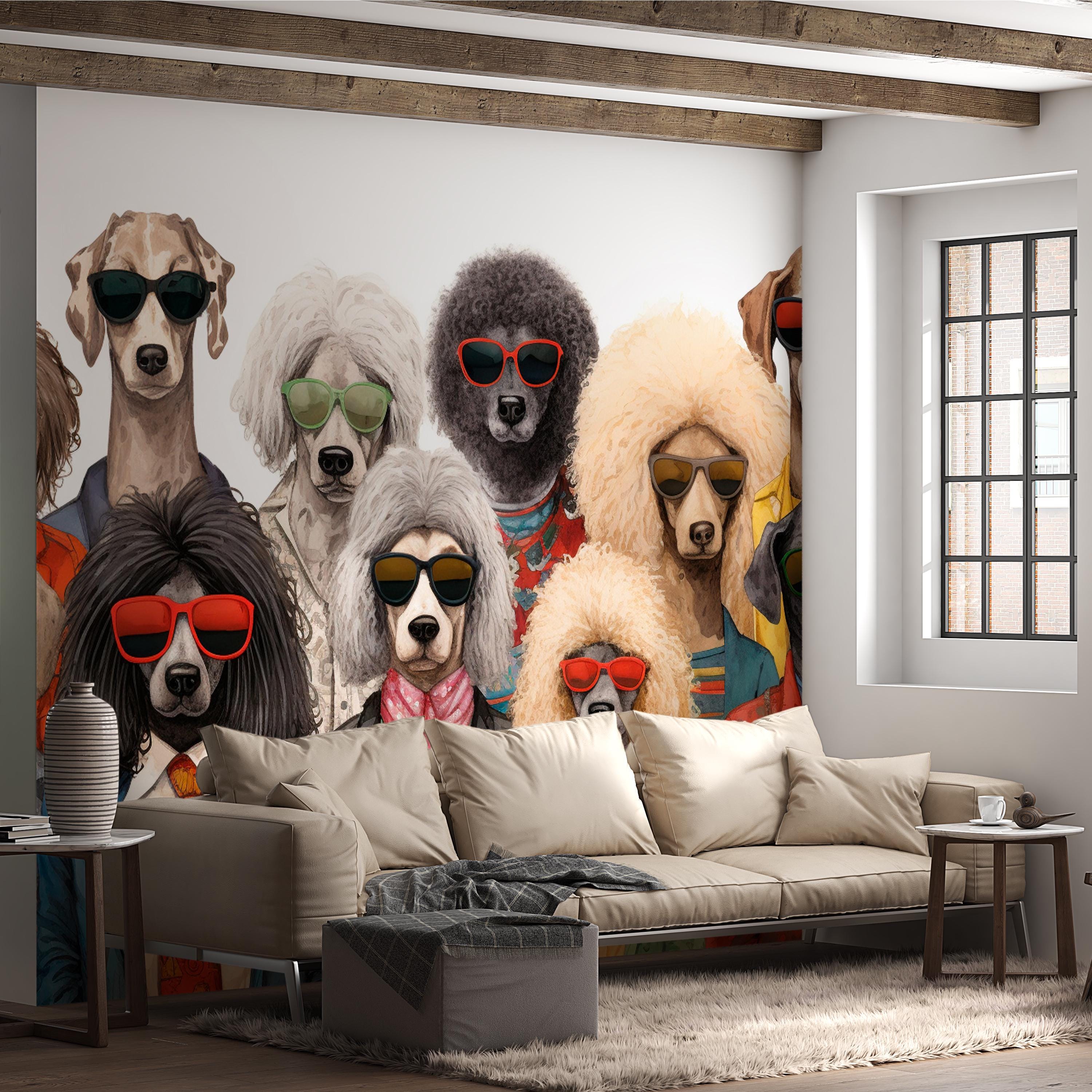 Vibrant Hipster Dogs in Red Wallpaper, 70s Hippie Pet Mural, Peel and ...