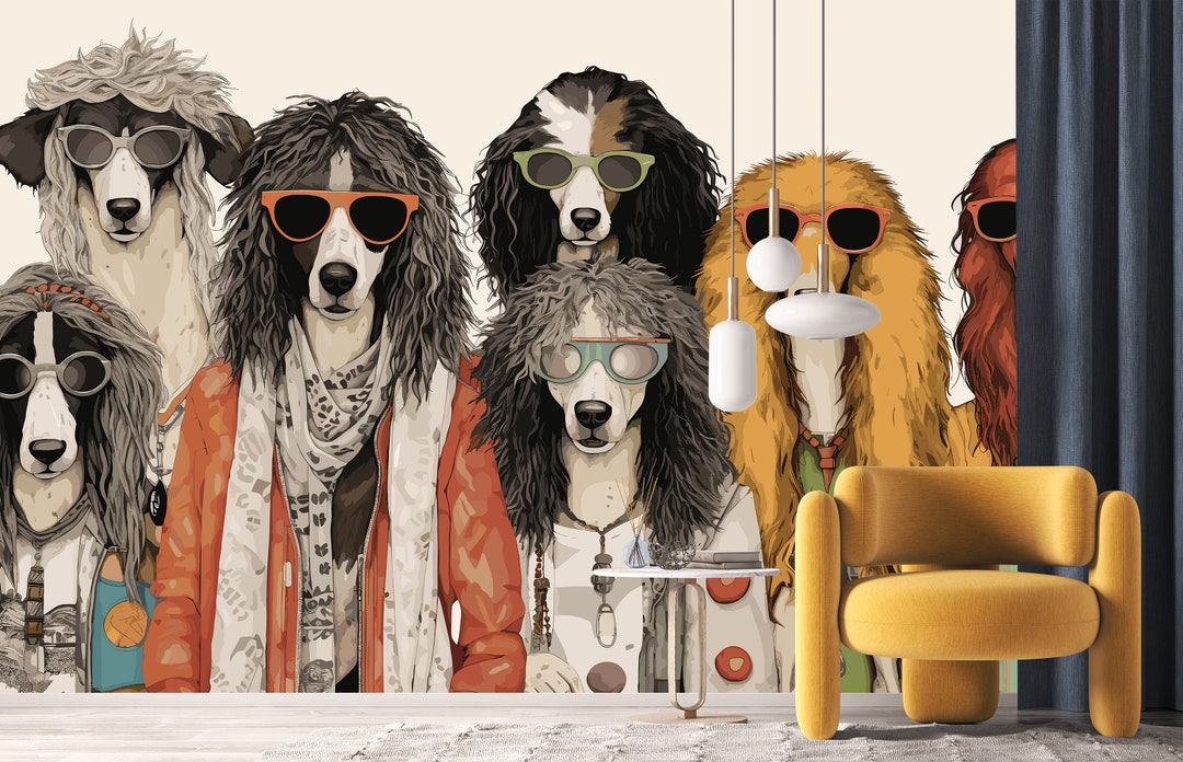 70s Hippie Dogs Wallpaper: Colorful Retro Mural, Peel and Stick - Etsy