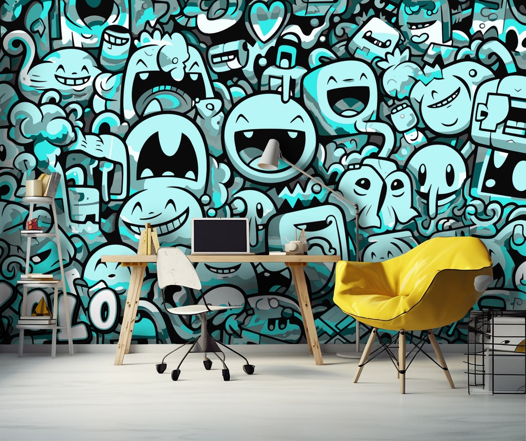 Blue Street Art Wall Mural Teenager Room, Cartoon-styled Light Blue ...