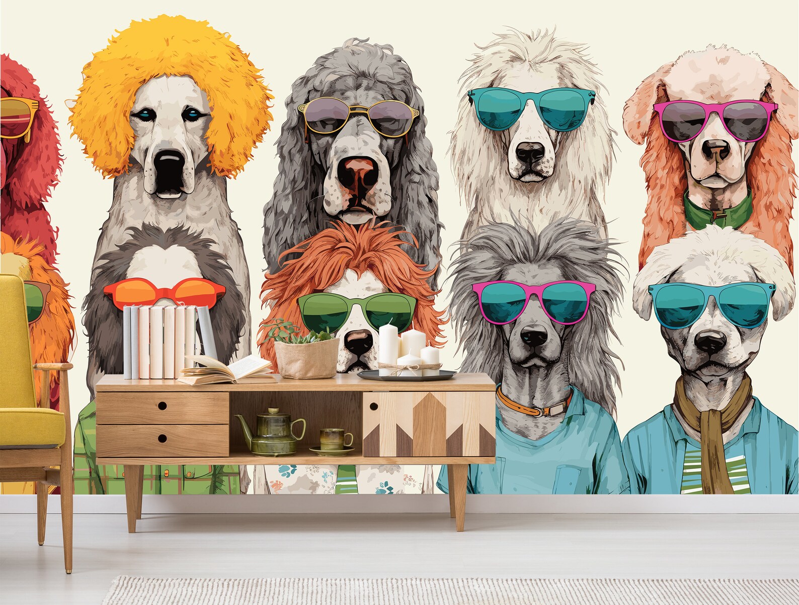 Vibrant Hipster Dogs Wallpaper, 70s Hippie Mural, Peel and Stick Dog ...