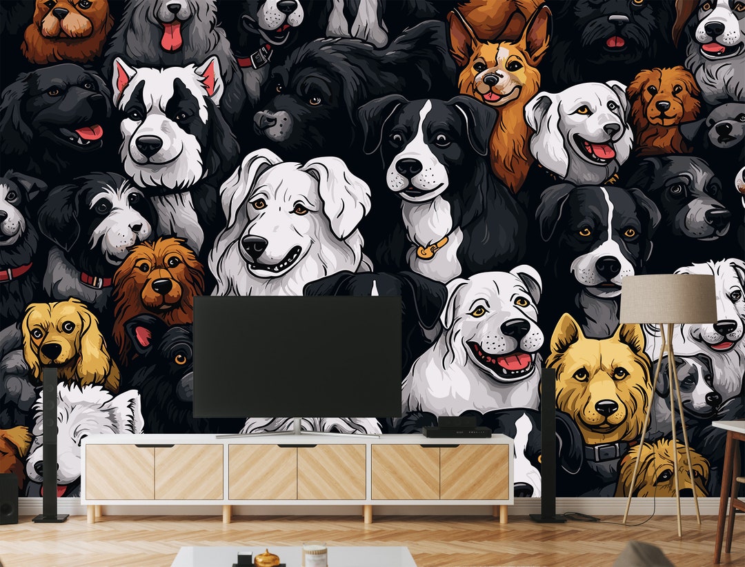 Dogs Wallpaper for Living Room, Black and White Dog Wall Mural for ...