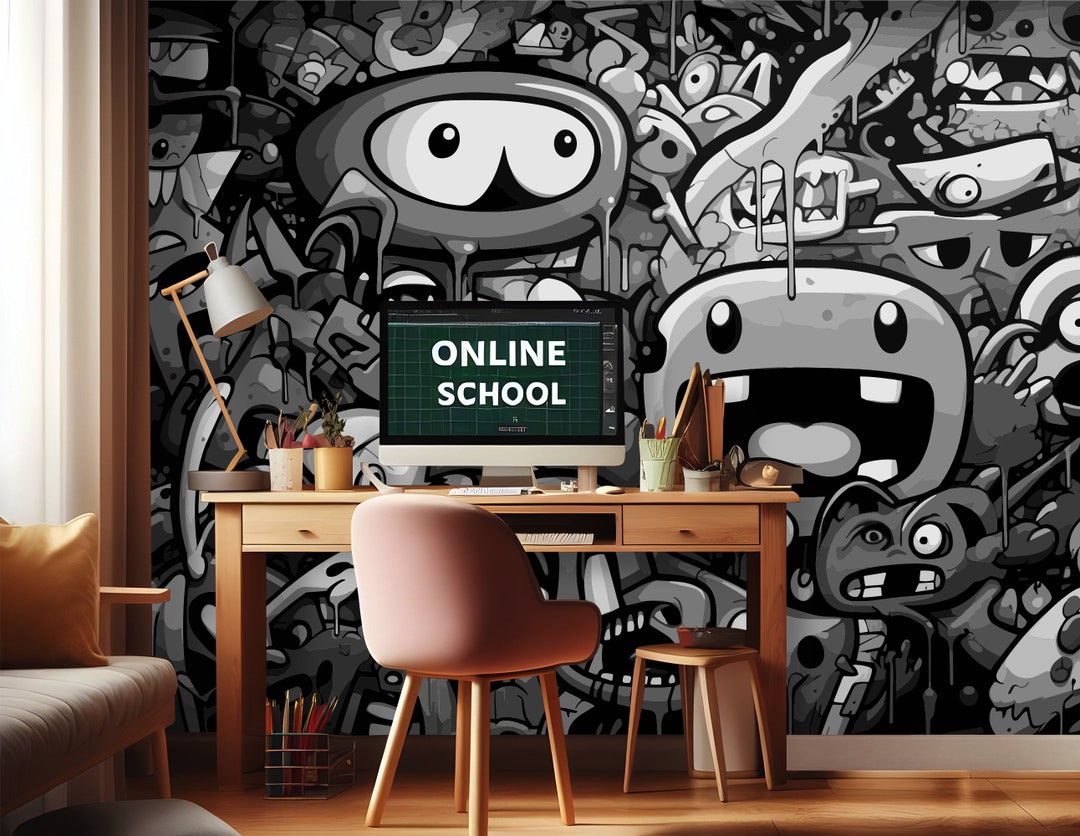 Wallpaper Monochrome Modern for Teen Boy Gaming Place, Grey Abstract ...