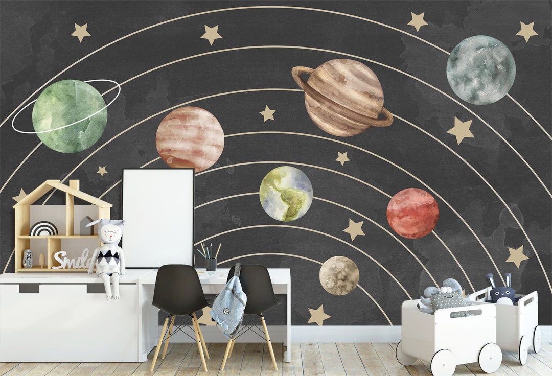 Watercolor Dark Solar System Wall Mural Playroom, Hand-crafted Planets ...