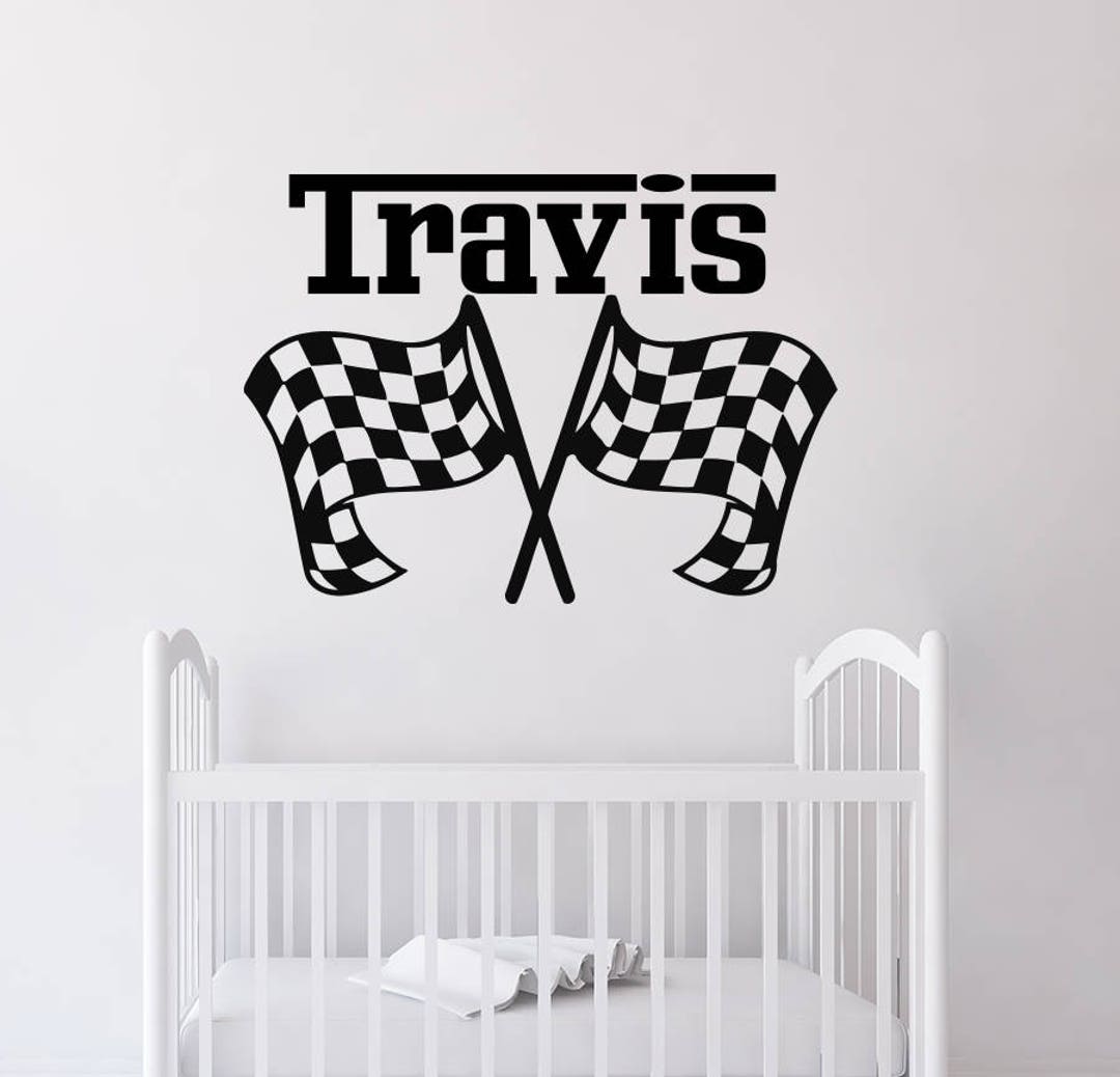 Boys Name Wall Decals. Racing Checkered Flags Sticker. Race Themed ...