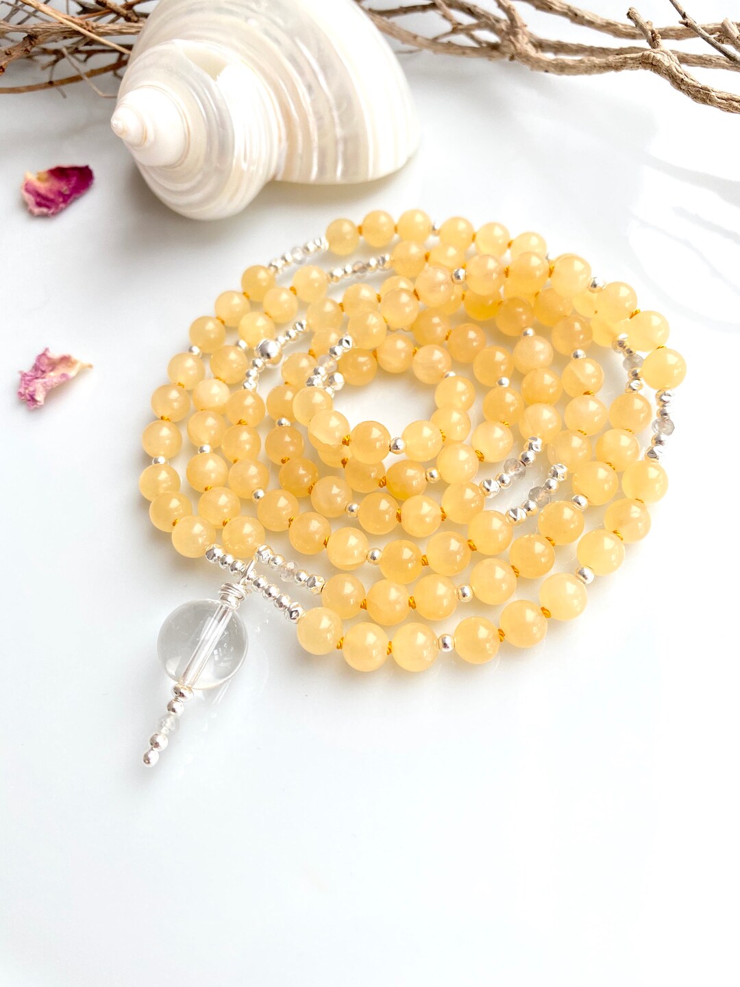 Mala Necklace With 108 Beads Made of Orange Calcite, Decorated With ...