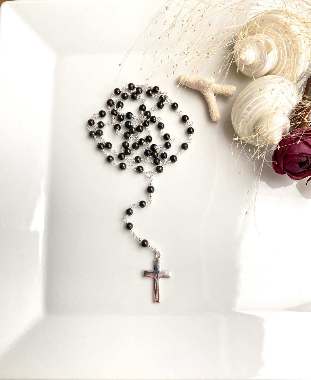 Shungite and Silver Rosary With Cross, Handmade Long Beaded Necklace ...