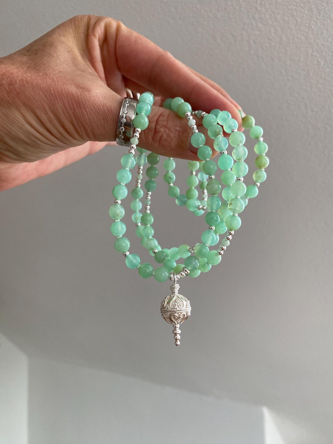 Noble Mala Made of Chrysoprase, Decorated With Silver, End Bead With ...