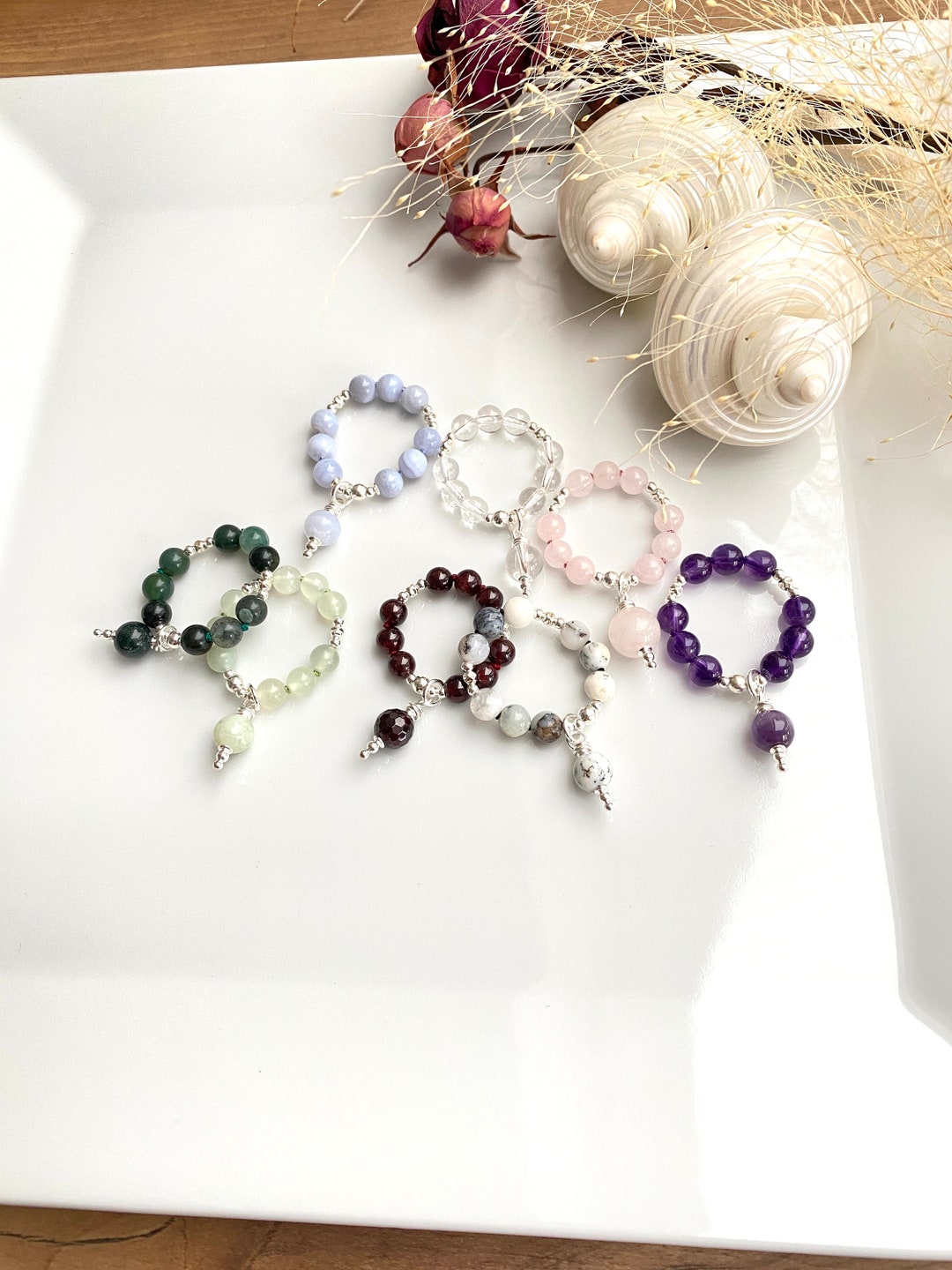 Finger Mala With 9 Beads Made of Healing Stones, Decorated With Silver ...