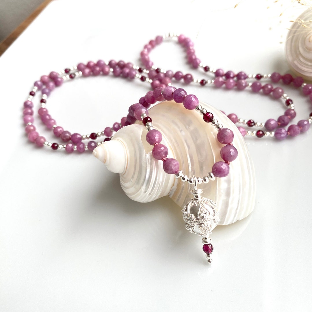 Long Mala Made of Ruby With Violet Garnet and Silver, Prayer Beads Made ...