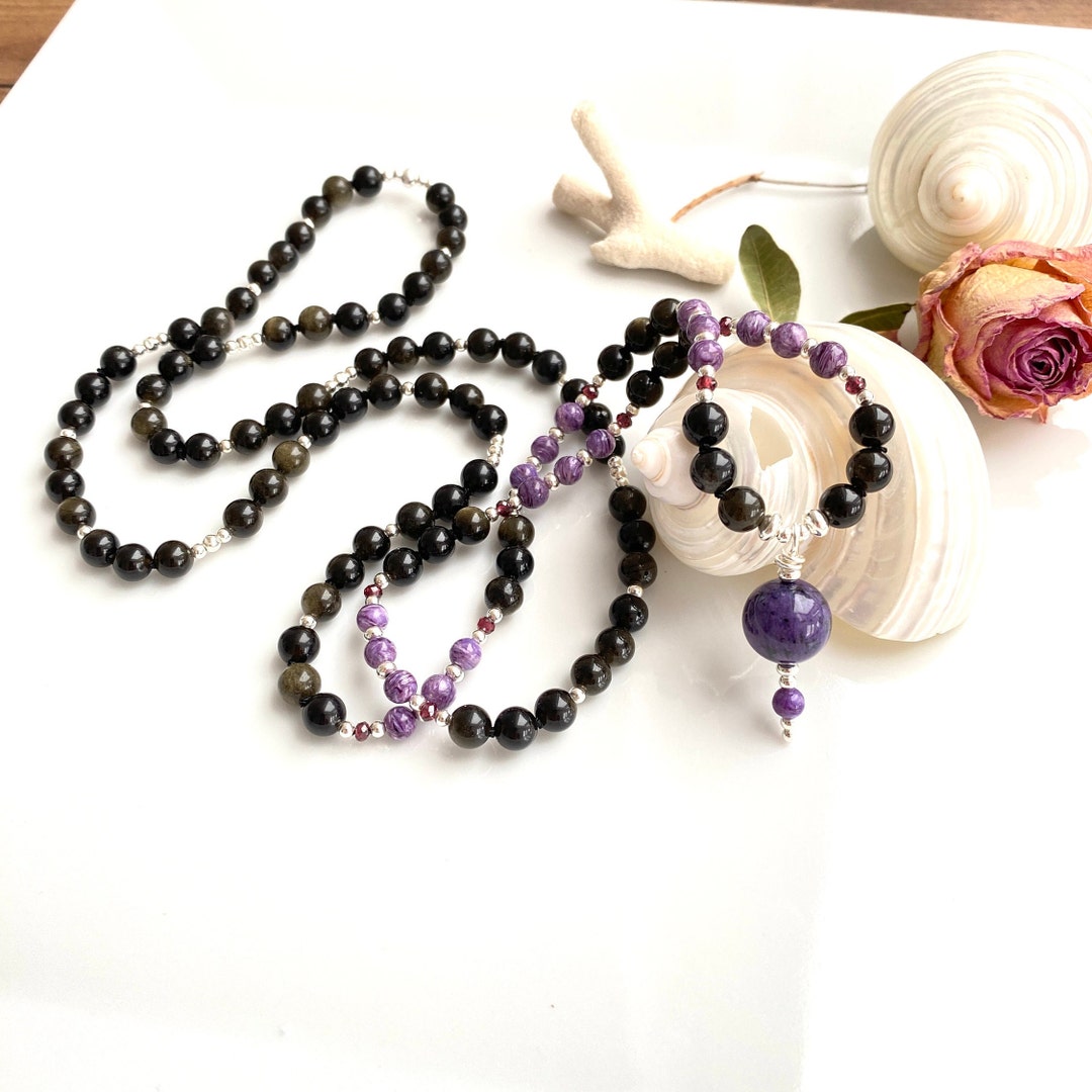 Mala Made of Charoite and Gold Obsidian, Decorated With Violet Garnet ...