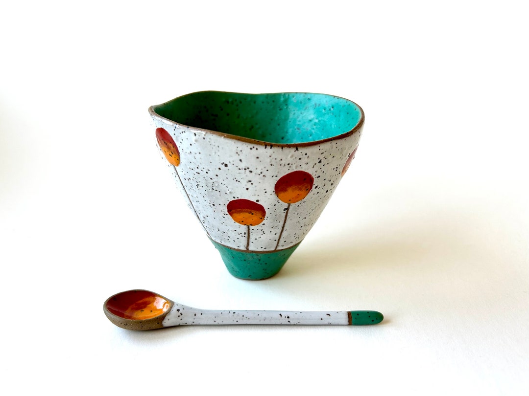 Ceramic Bowl and Spoon Set, Salt Cellar, Condiment Dish With Spoon ...